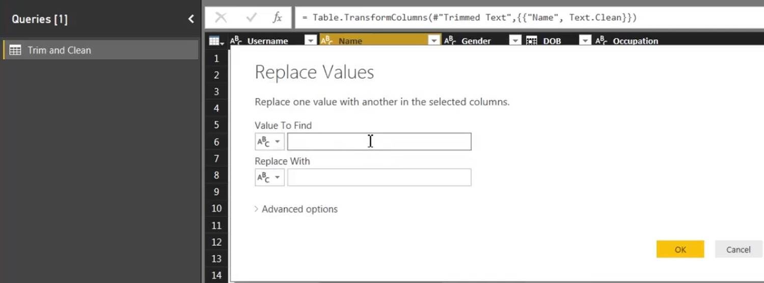 We can, therefore, use the Transform > Replace Values command to remove ...